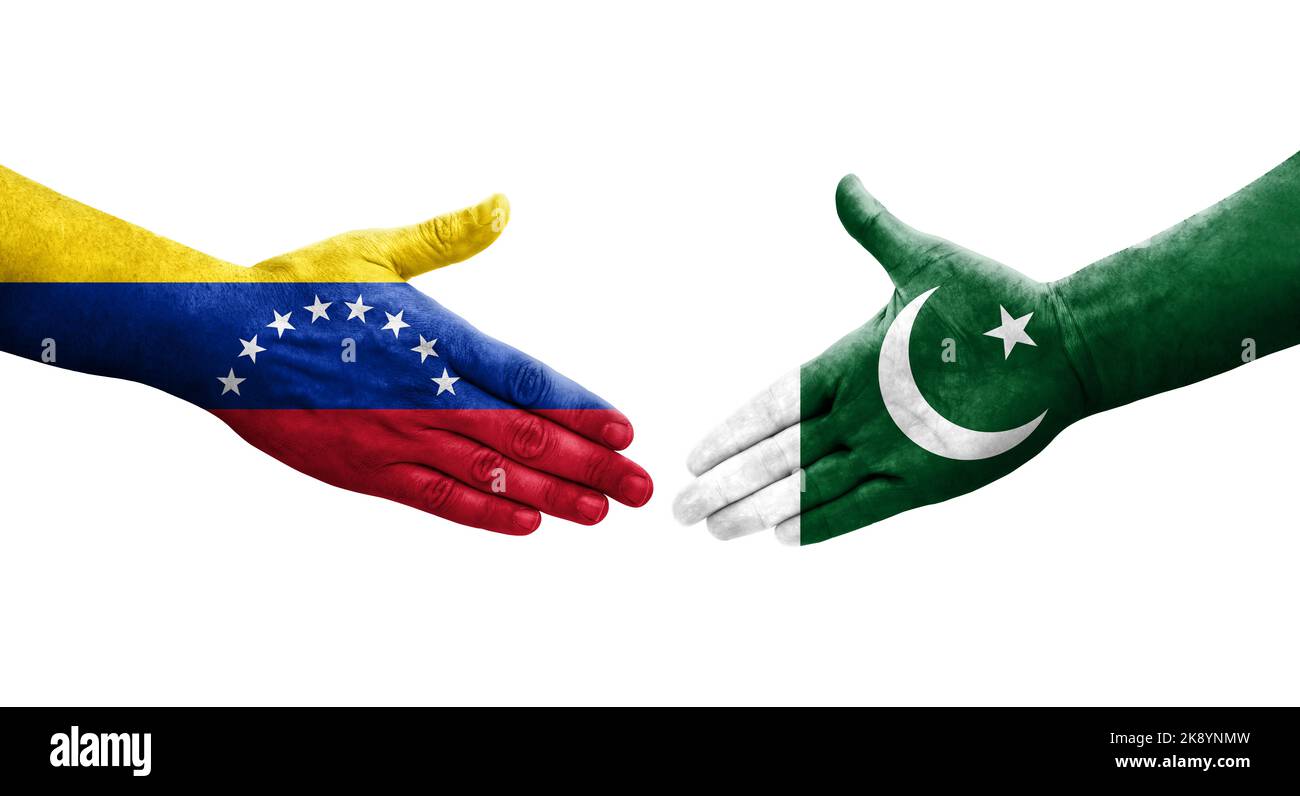 Handshake between Pakistan and Venezuela flags painted on hands ...