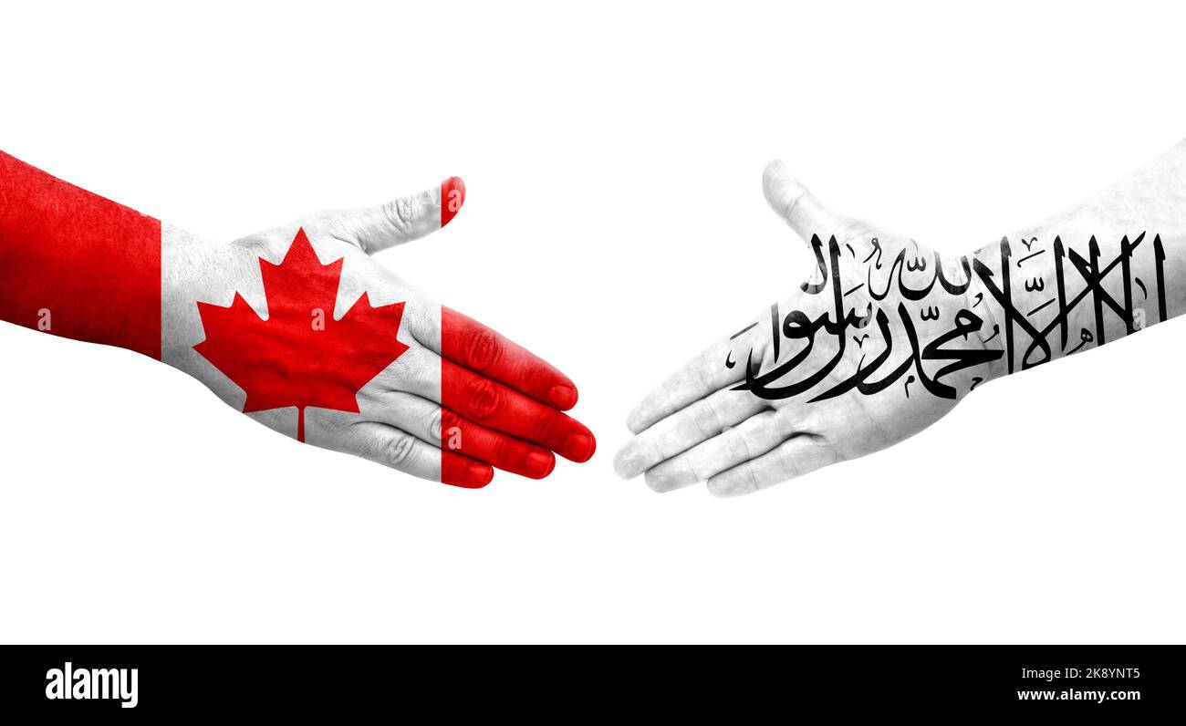 Handshake between Palestine and Canada flags painted on hands, isolated ...