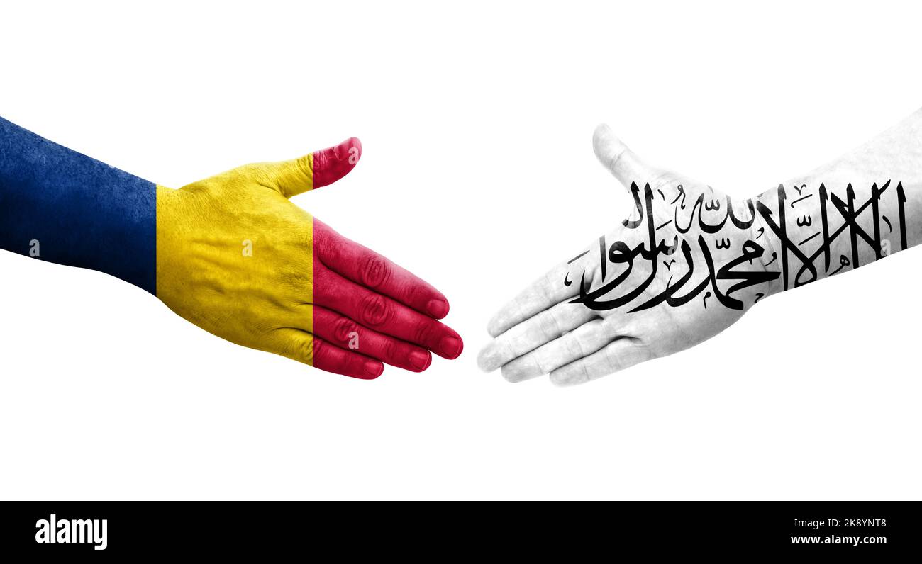 Handshake between Palestine and Chad flags painted on hands, isolated ...