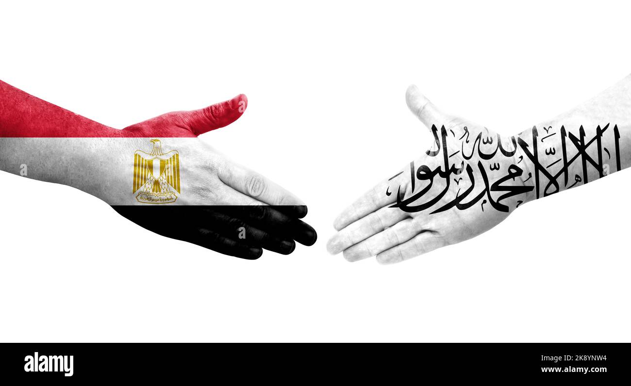 Handshake between Palestine and Egypt flags painted on hands, isolated ...