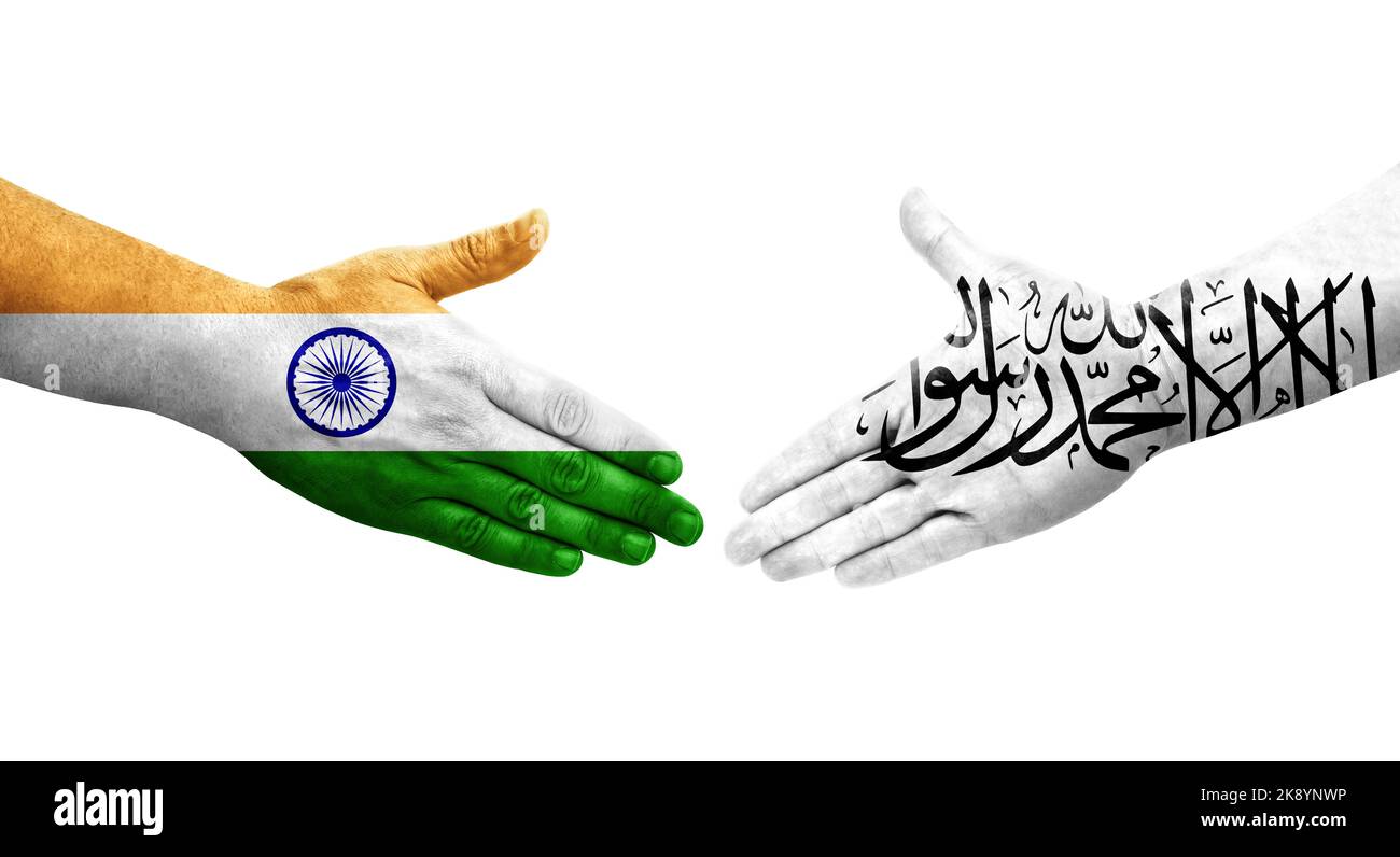 Handshake between Palestine and India flags painted on hands, isolated ...