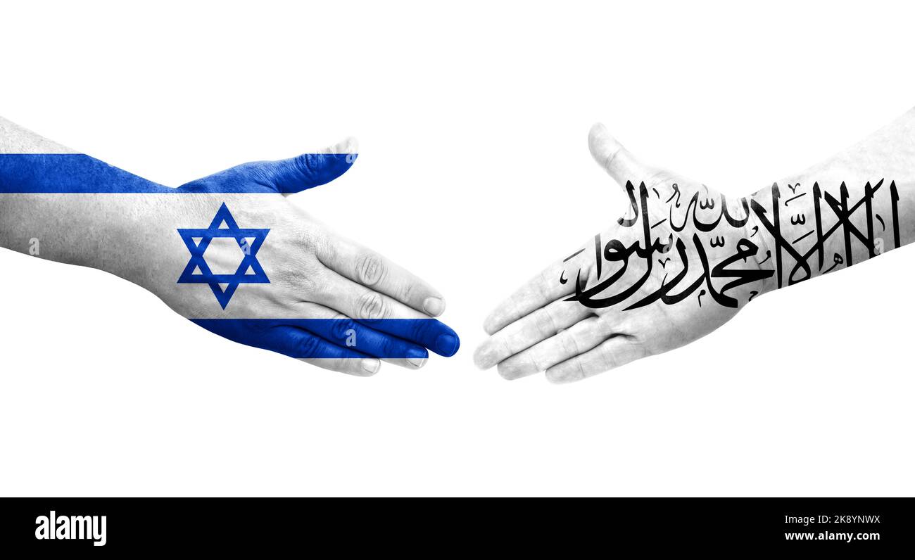 Handshake between Palestine and Israel flags painted on hands, isolated ...
