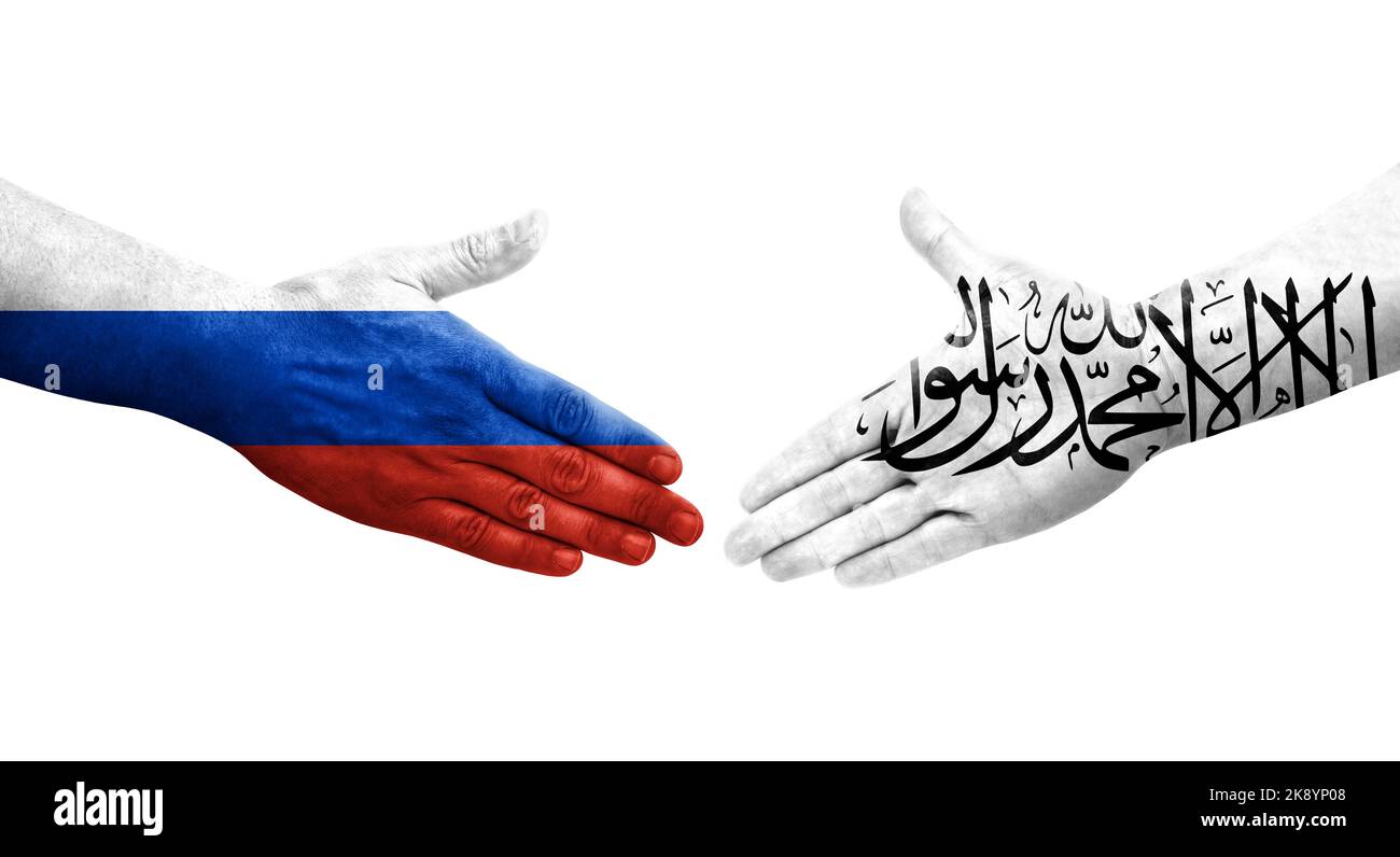 Handshake between Palestine and Russia flags painted on hands, isolated ...