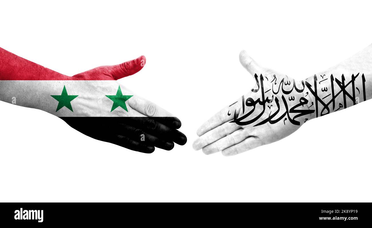 Handshake between Palestine and Syria flags painted on hands, isolated ...