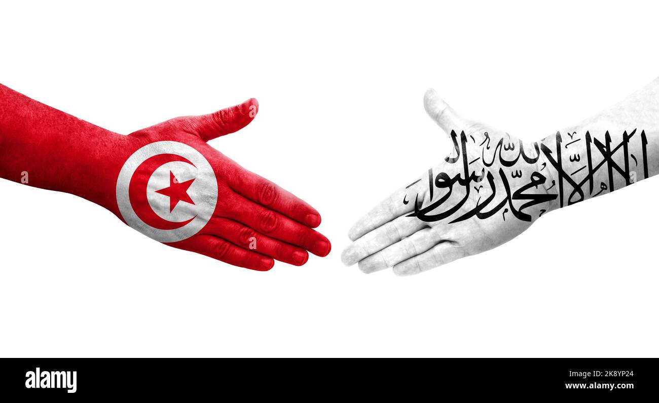 Handshake between Palestine and Tunisia flags painted on hands ...