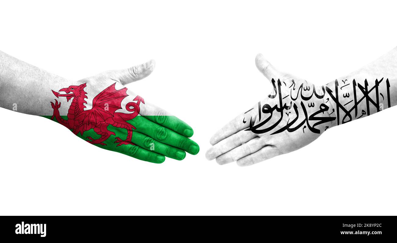Handshake between Palestine and Wales flags painted on hands, isolated ...