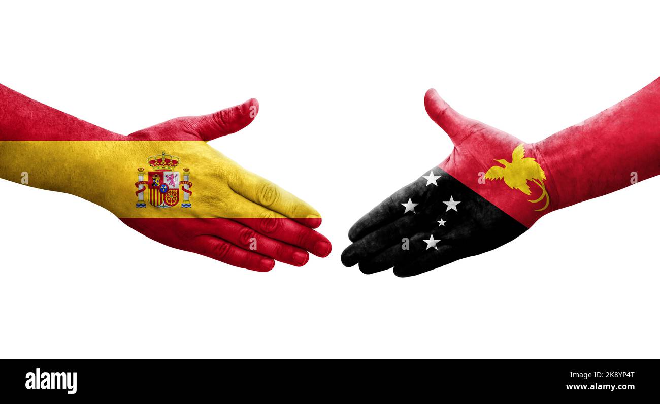 Handshake between Papua New Guinea and Spain flags painted on hands ...
