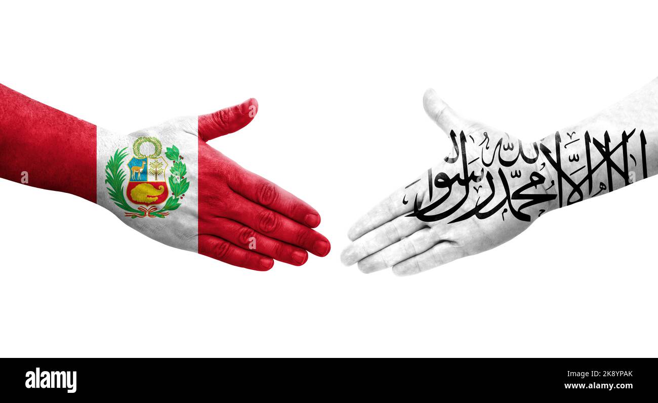 Handshake between Paraguay and Peru flags painted on hands, isolated ...