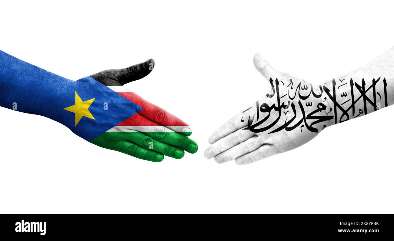 Handshake between Paraguay and South Sudan flags painted on hands ...