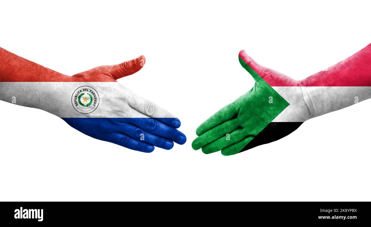 Handshake between Paraguay and Sudan flags painted on hands, isolated ...