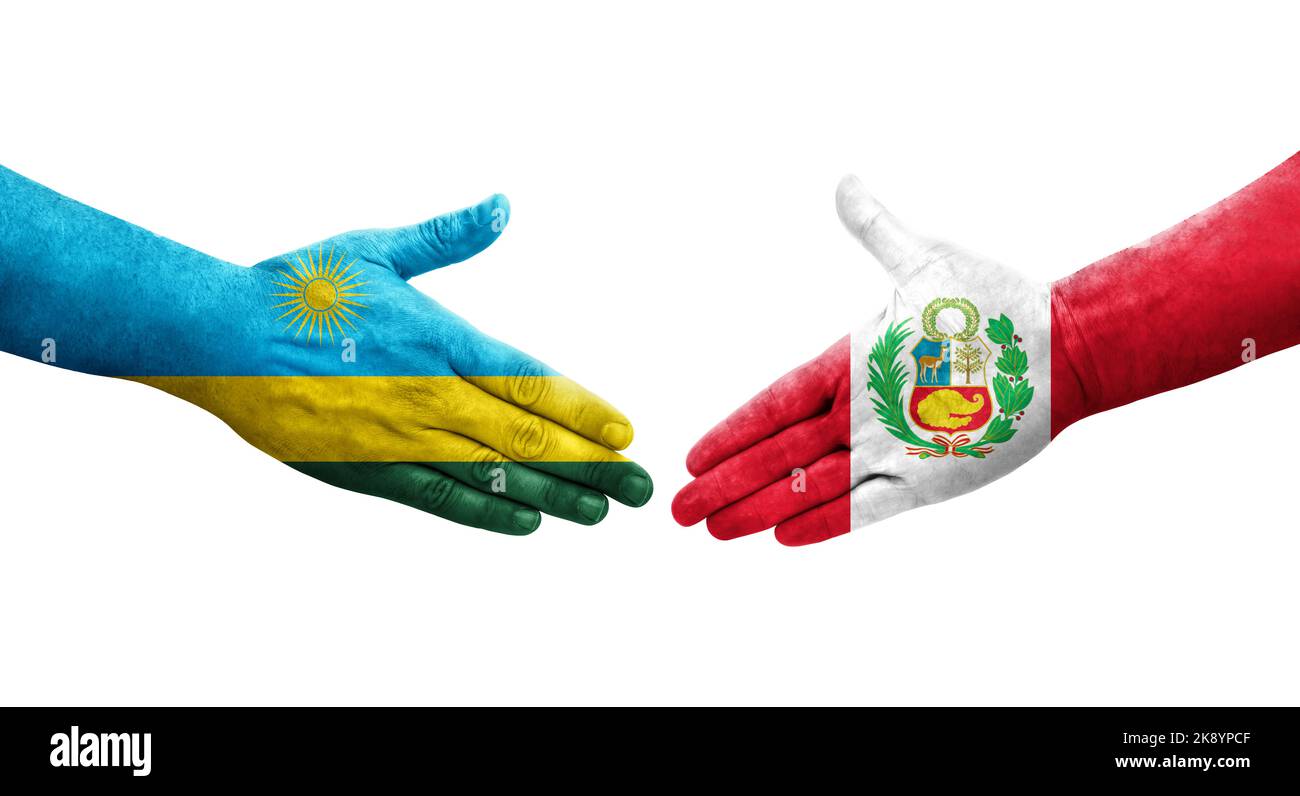 Handshake between Peru and Rwanda flags painted on hands, isolated ...