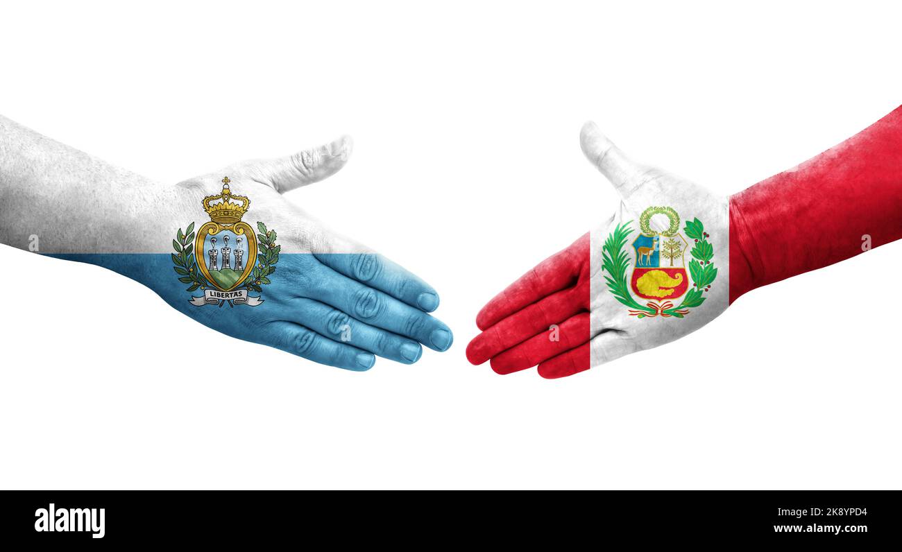 Handshake between Peru and San Marino flags painted on hands, isolated ...