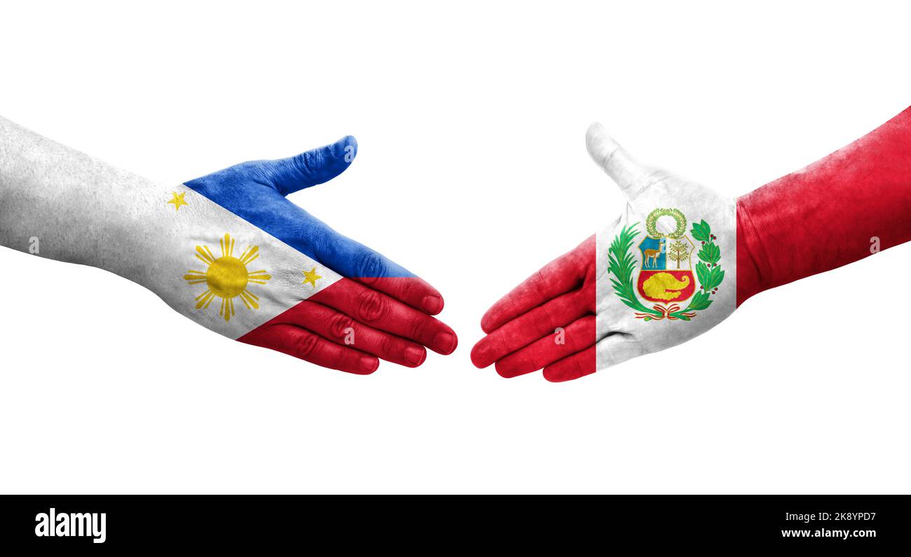 Handshake between Peru and Philippines flags painted on hands, isolated ...
