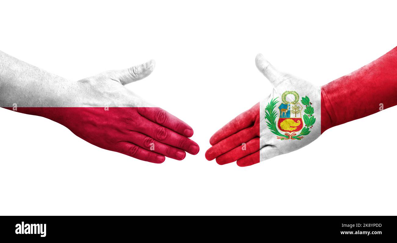 Handshake between Peru and Poland flags painted on hands, isolated ...