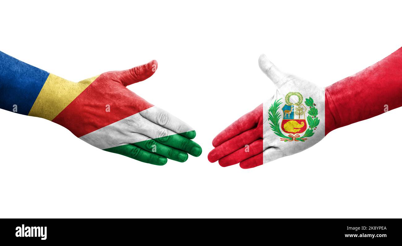 Handshake between Peru and Seychelles flags painted on hands, isolated ...