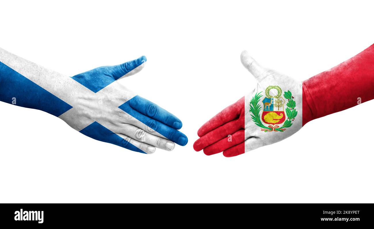 Handshake between Peru and Scotland flags painted on hands, isolated ...