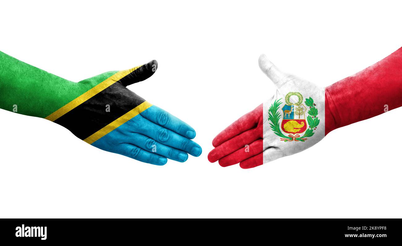 Handshake between Peru and Tanzania flags painted on hands, isolated ...