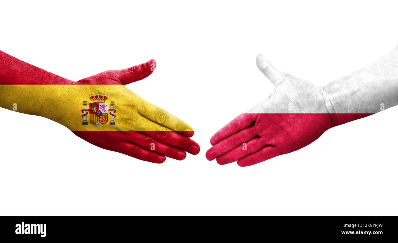 Handshake between Poland and Spain flags painted on hands, isolated ...
