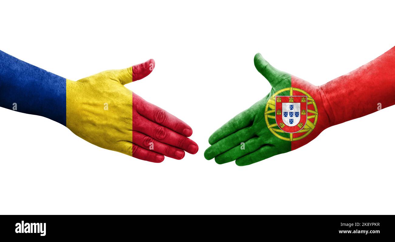 Handshake between Portugal and Romania flags painted on hands, isolated ...
