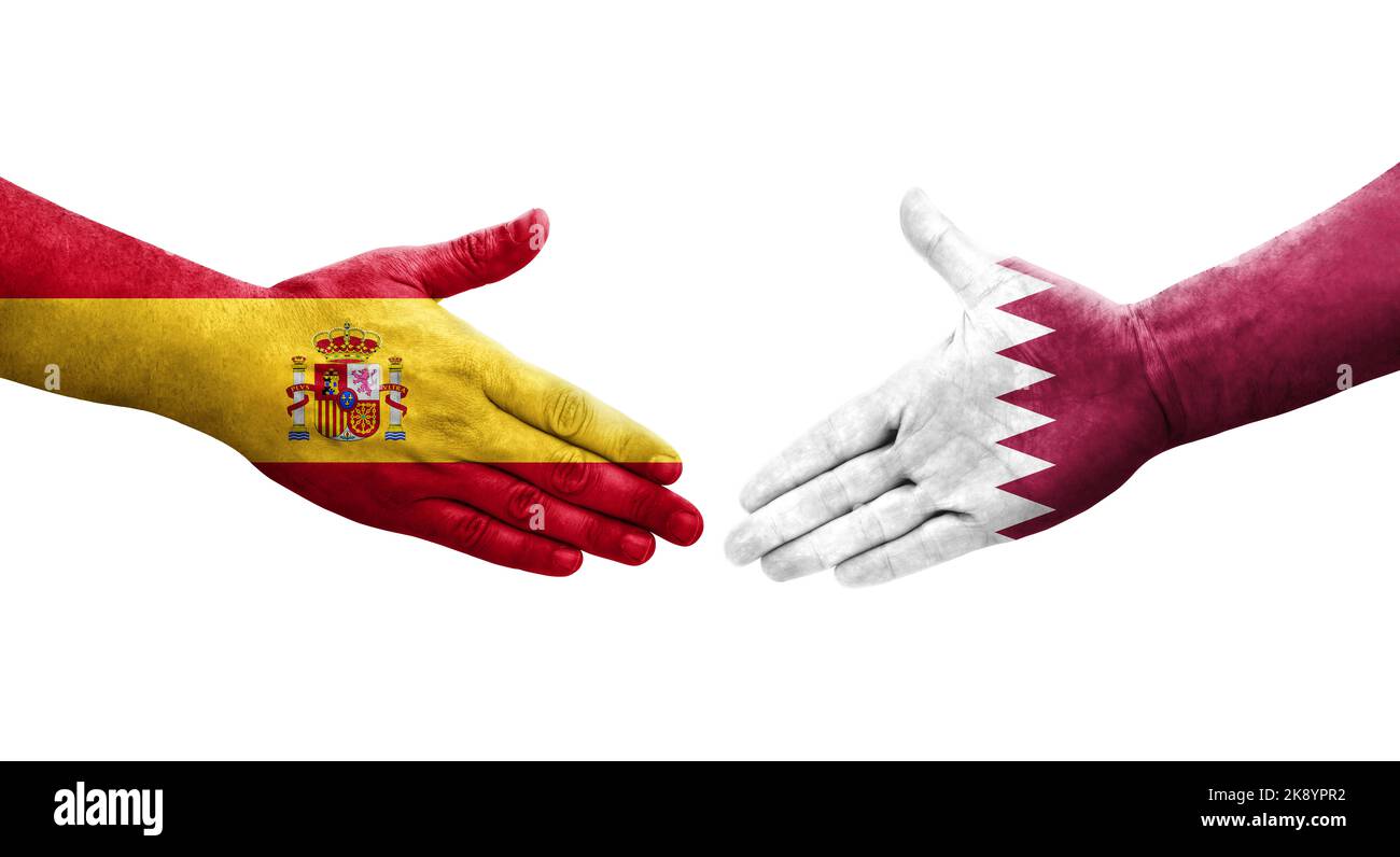 Handshake between Qatar and Spain flags painted on hands, isolated ...