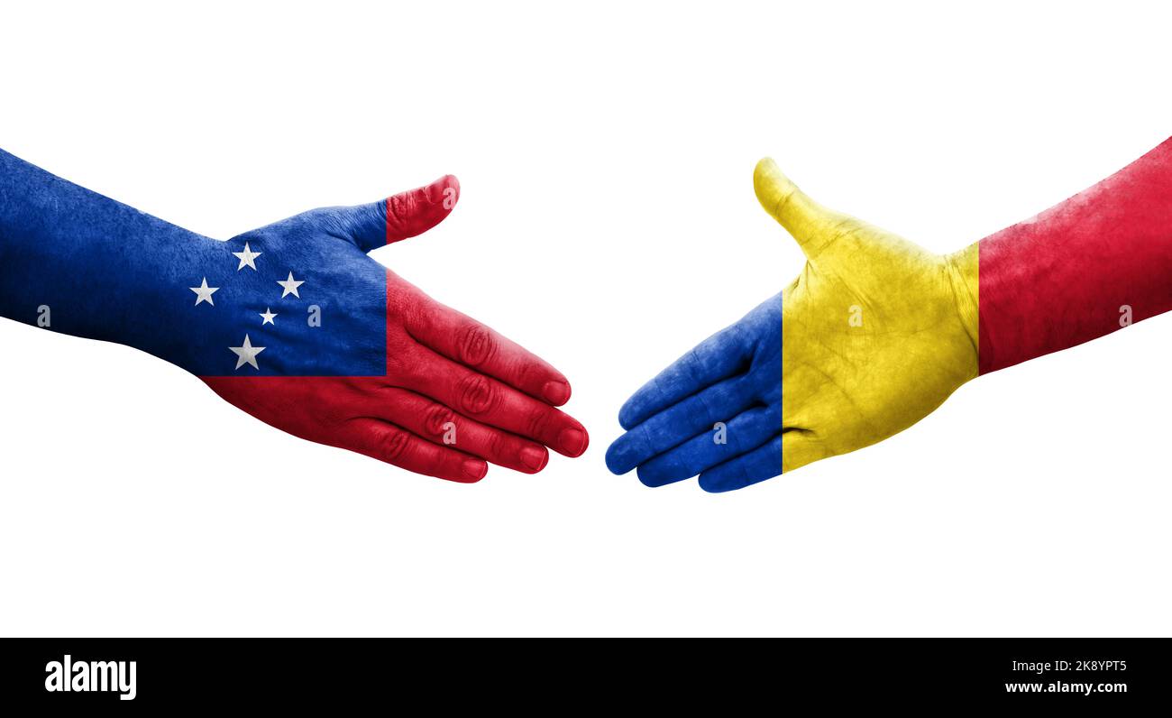 Handshake between Romania and Samoa flags painted on hands, isolated ...