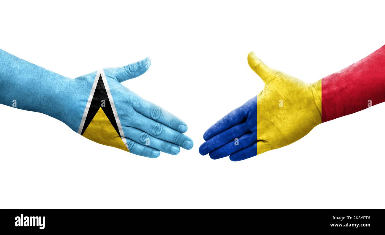 Handshake between Romania and Saint Lucia flags painted on hands ...