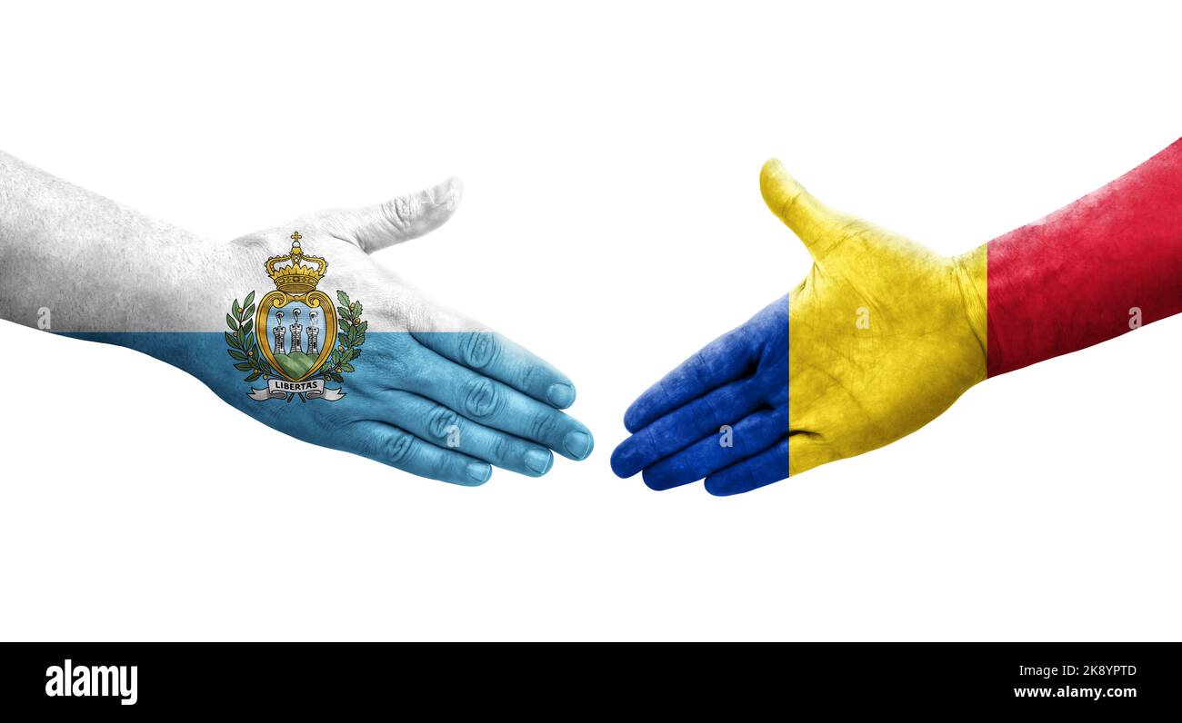 Handshake between Romania and San Marino flags painted on hands ...