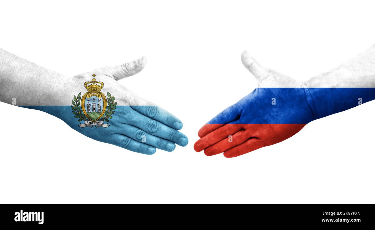 Handshake between Russia and San Marino flags painted on hands ...