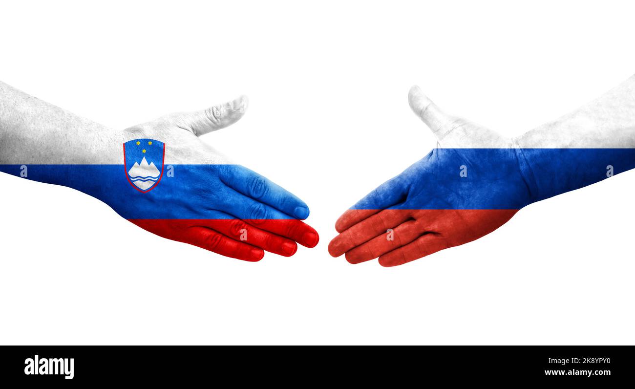 Handshake between Russia and Slovenia flags painted on hands, isolated ...