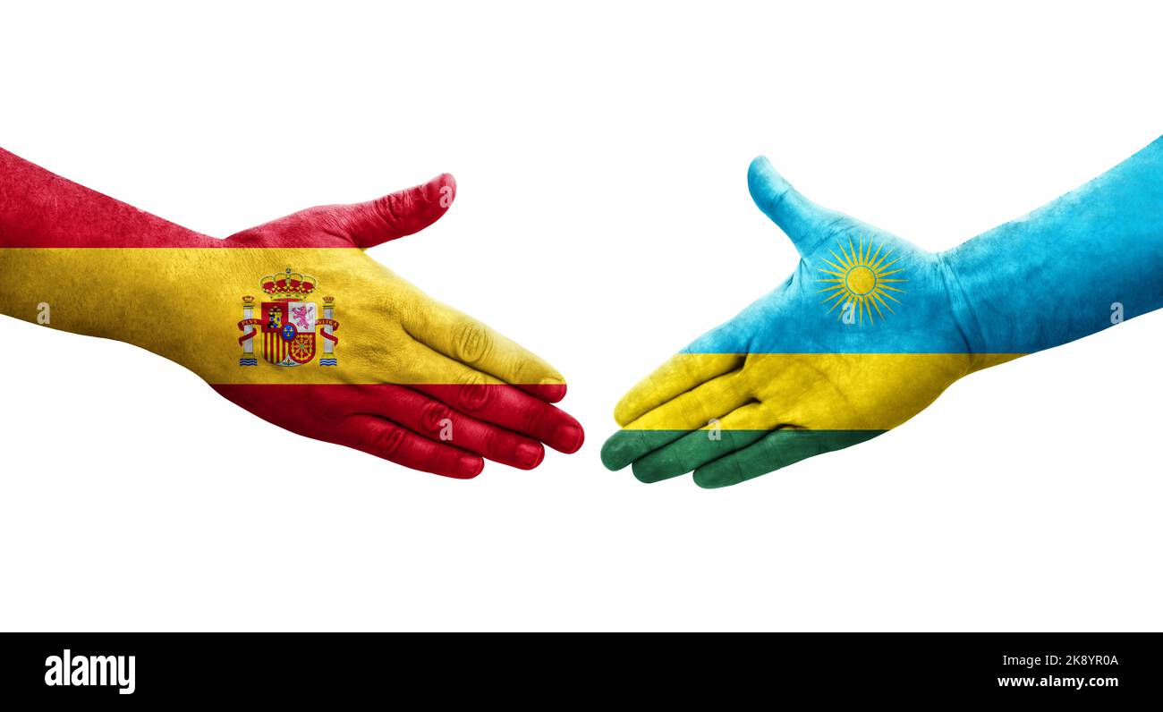 Handshake between Rwanda and Spain flags painted on hands, isolated ...