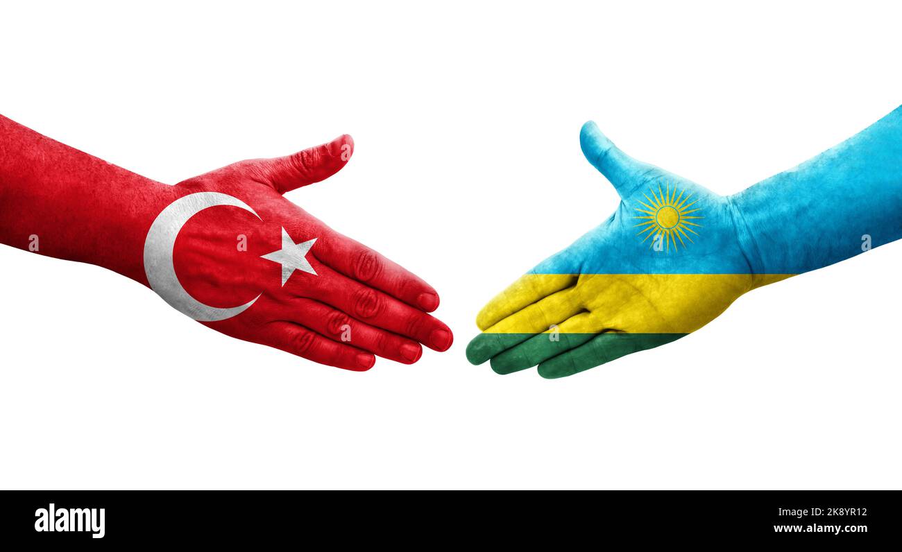 Handshake between Rwanda and Turkey flags painted on hands, isolated ...
