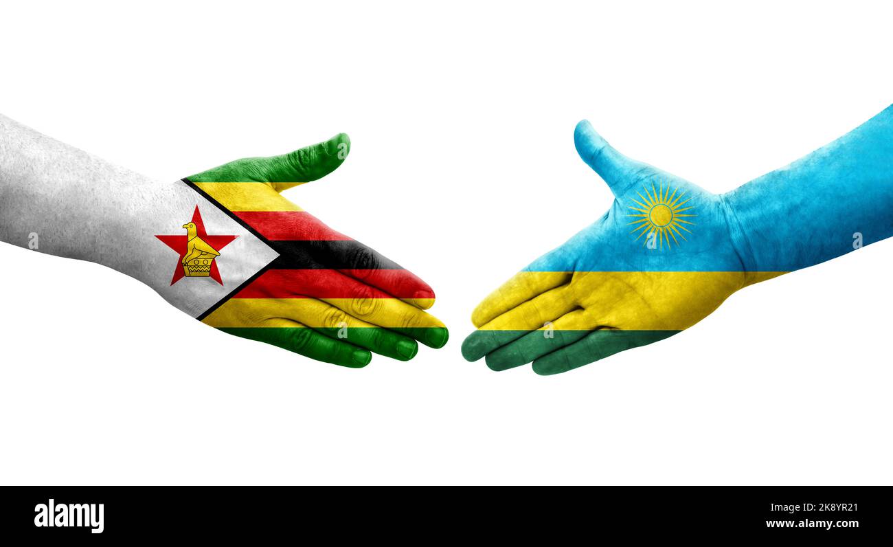 Handshake between Rwanda and Zimbabwe flags painted on hands, isolated ...