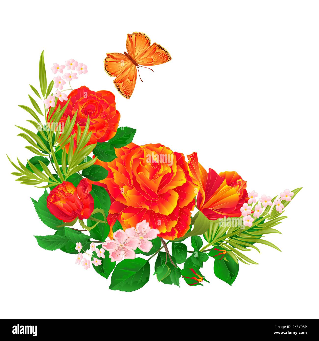 Floral crescent frame with orange Roses and butterfly vintage festive ...