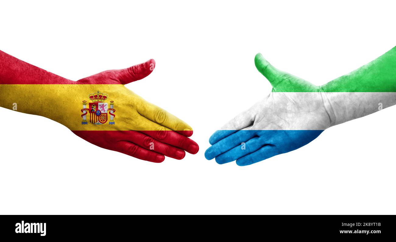 Handshake between Sierra Leone and Spain flags painted on hands ...