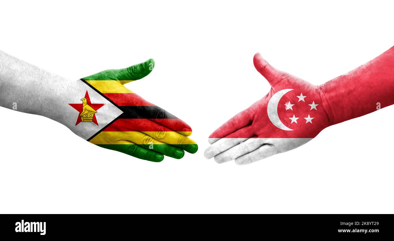 Handshake between Singapore and Zimbabwe flags painted on hands ...