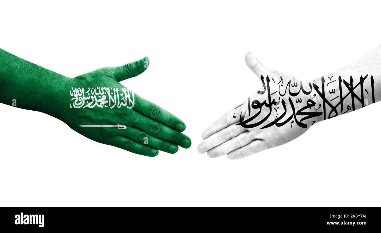 Handshake between Solomon Islands and Saudi Arabia flags painted on hands, isolated transparent ...