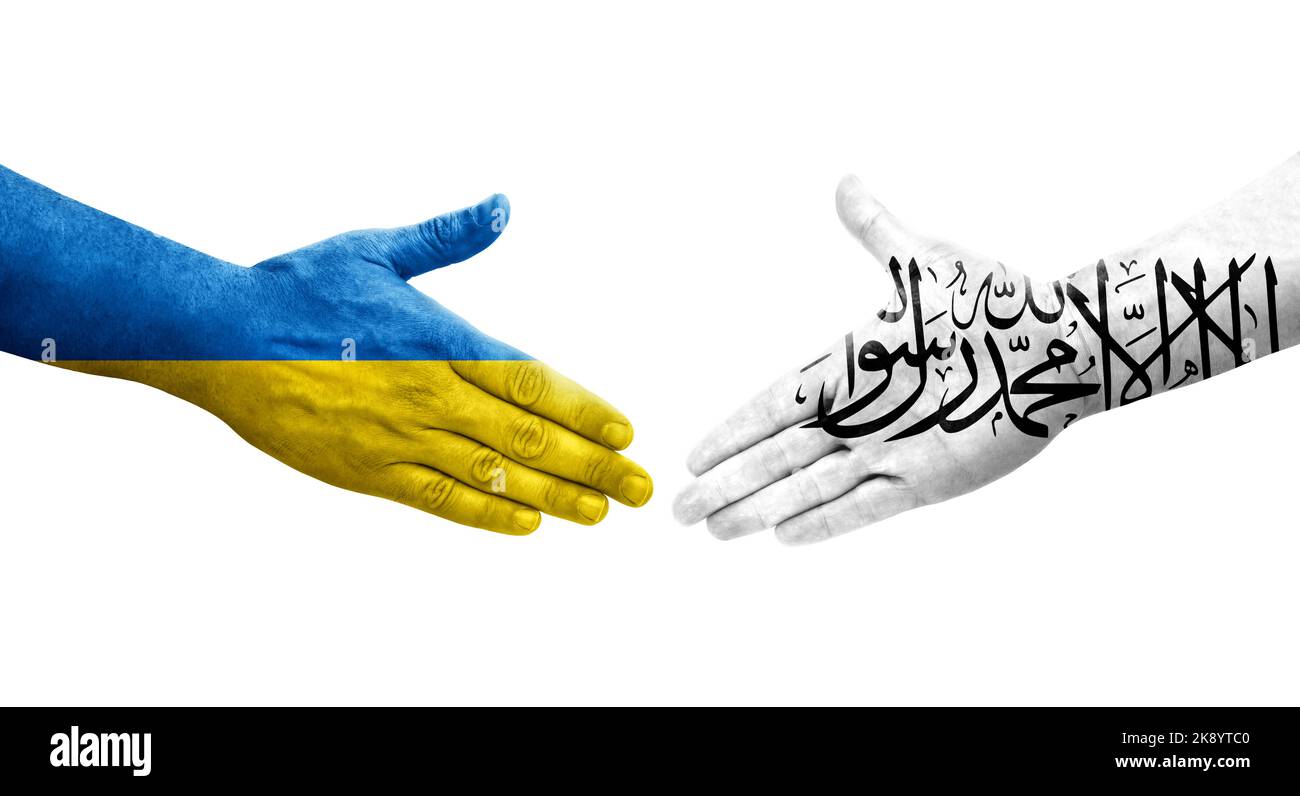 Handshake between Solomon Islands and Ukraine flags painted on hands ...