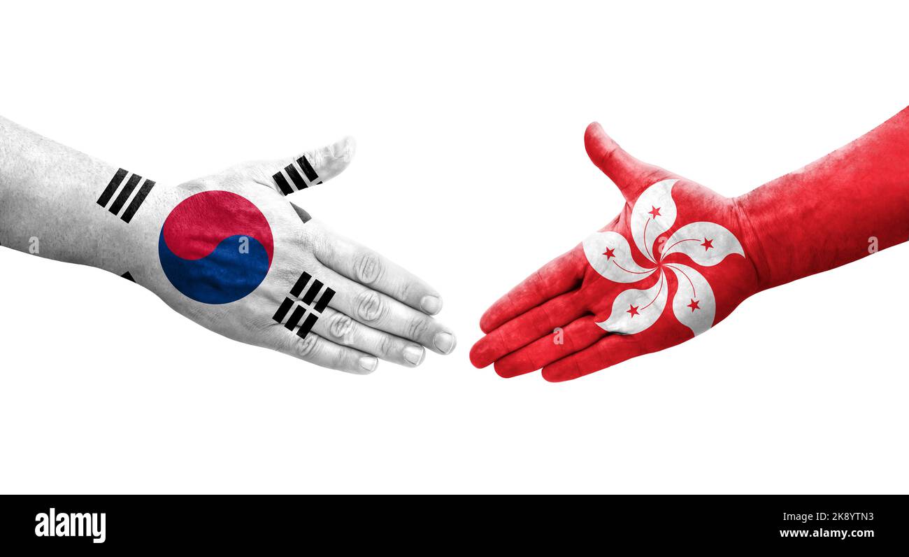 Handshake between South Korea and Hong Kong flags painted on hands ...