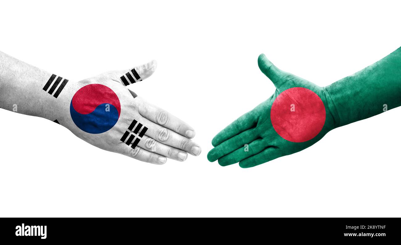 Handshake between South Korea and Bangladesh flags painted on hands ...