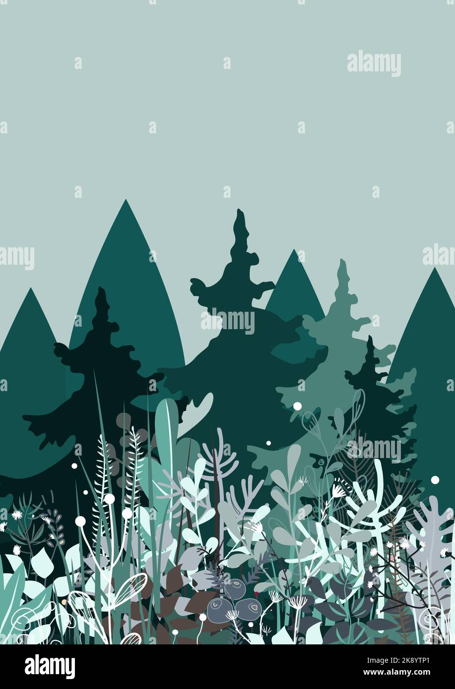 Foggy forest illustration. Pine and spruce trees landscape background ...