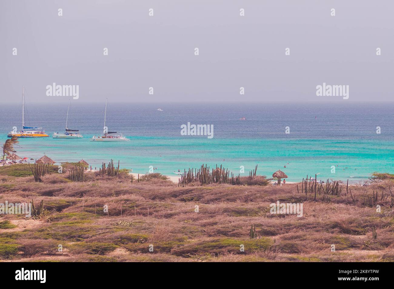 A scenic view of the sea with three boats under the clear sky, Aruba ...