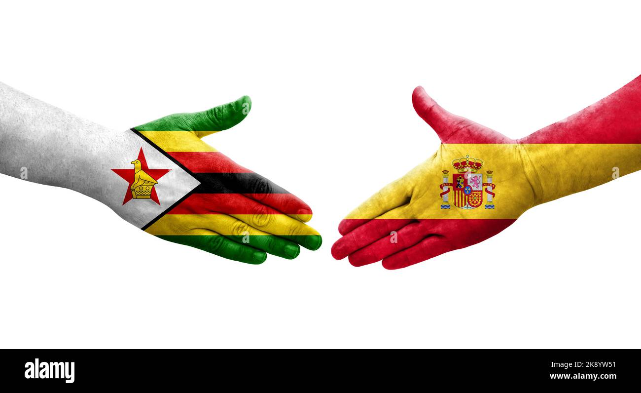 Handshake between Spain and Zimbabwe flags painted on hands, isolated ...