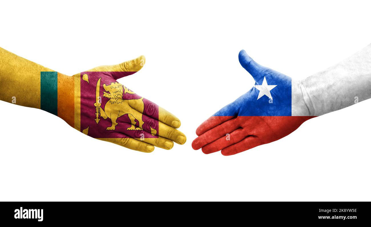 Handshake between Sri Lanka and Chile flags painted on hands, isolated ...