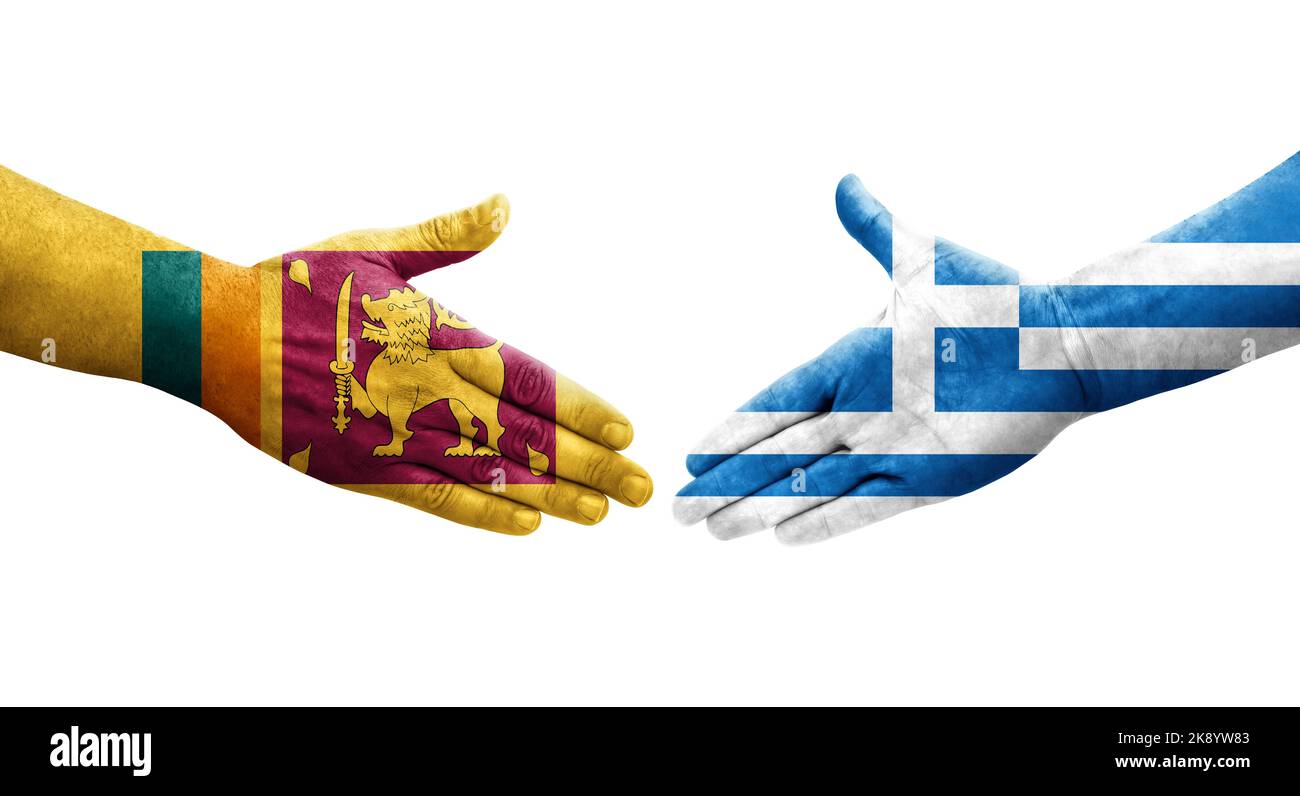 Handshake between Sri Lanka and Greece flags painted on hands, isolated ...