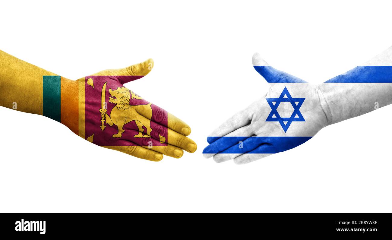 Handshake between Sri Lanka and Israel flags painted on hands, isolated ...