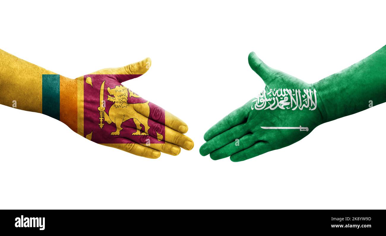 Handshake between Sri Lanka and Saudi Arabia flags painted on hands ...