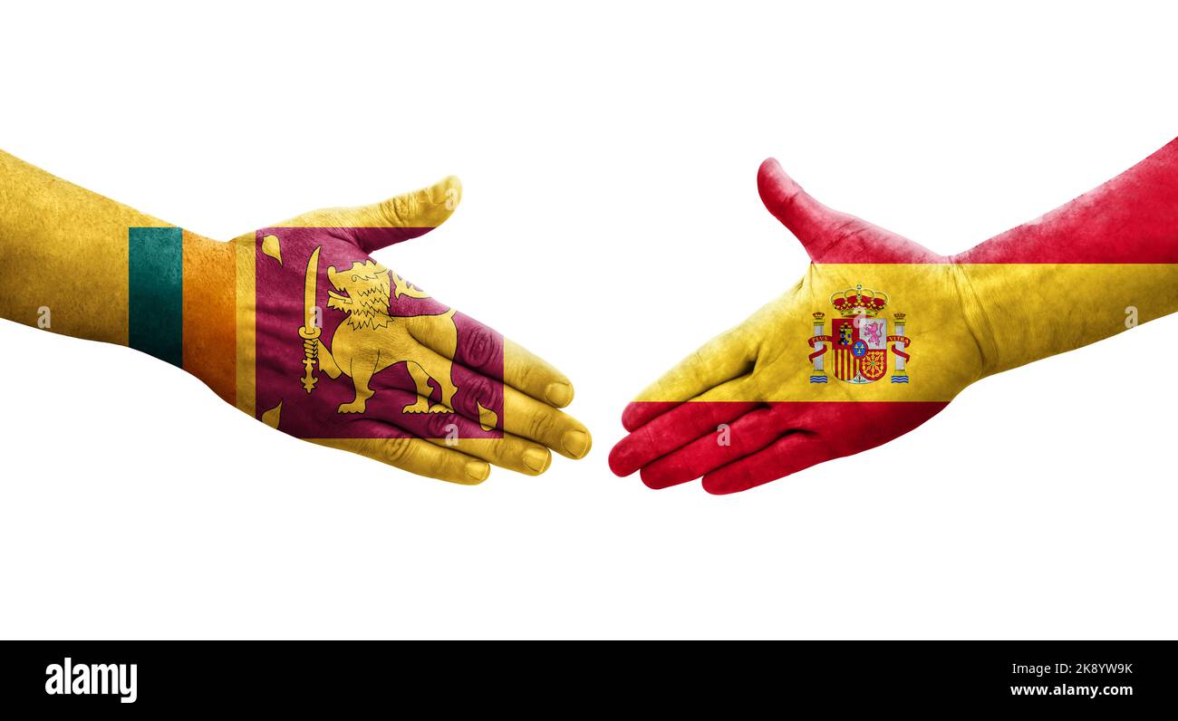 Handshake between Sri Lanka and Spain flags painted on hands, isolated ...