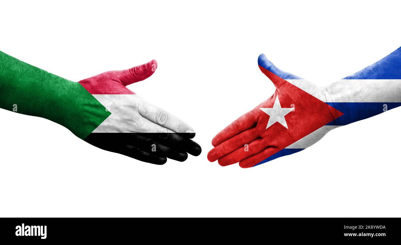 Handshake between Sudan and Cuba flags painted on hands, isolated ...