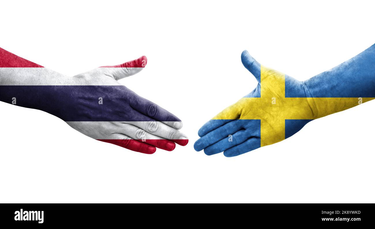 Handshake between Sweden and Thailand flags painted on hands, isolated ...