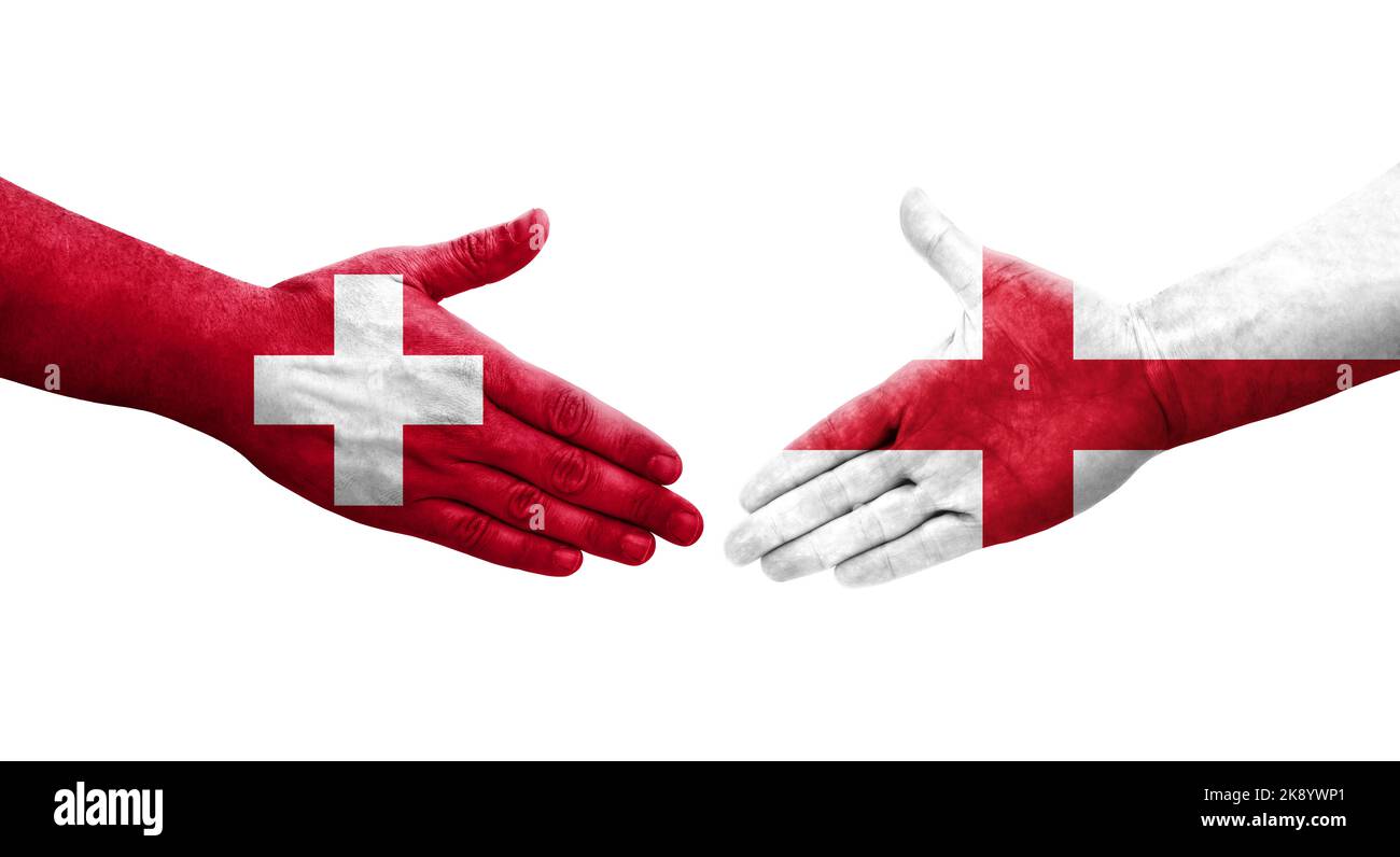 Handshake between Switzerland and England flags painted on hands ...